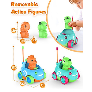 Qumcou Toddler Remote Control Car, Two Cartoon RC Cars for Toddlers, Dinosaur Toys for Kids 3-5, Birthday Gift for Boys & Girls, Car Toys with LED Lights & Music