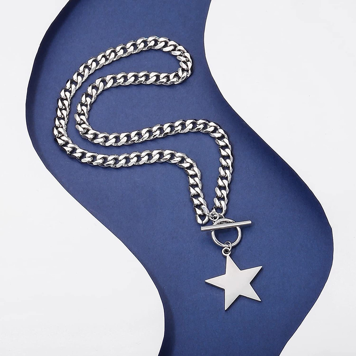 MIFYNN Silver Star Cuban Link Necklace Fashion Style Star Necklaces for Women, Silver Necklace for Women to Surprise Friends And Relatives, Friendship Necklace is Also the Best Birthday Gift