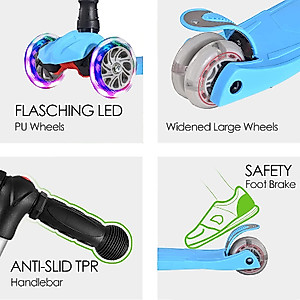 Kids Kick Scooter, 3 Wheeled Scooter for Kids, Child/Toddlers Toy, Adjustable Height, Anti-Slip Deck, Flashing Wheel Lights, for Boys/Girls 3-12 Year Old (Blue)