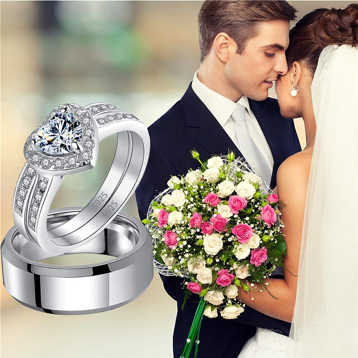 MABELLA His Hers 3 Pcs Stainless Steel Matching Band Women Heart Cut Sterling Silver Wedding Engagement Ring Set Women's Size 7 Men's Size 9