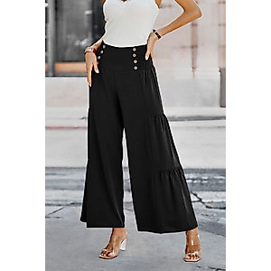 PRETTYGARDEN Women's Casual Long Palazzo Pants Elastic High Waist Wide Leg Loose Lounge Trousers (Black,Medium)