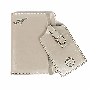 HK Collection Leather Passport and Vaccine card holder combo with Privacy Protection Luggage tag. Passport case with CDC Vaccination card slot for Men/Women. PU Leather with RFID Blocking.(Grey)