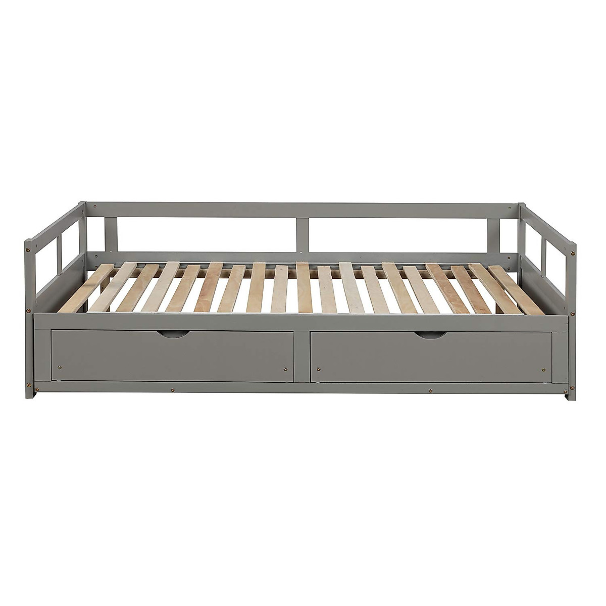 KLMM Extendable Daybed with Two Storage Drawers, Twin/King Size Foldable Daybed Solid Wood, Roll Out Trundle Accommodate Twin Size Mattresses (Gray)