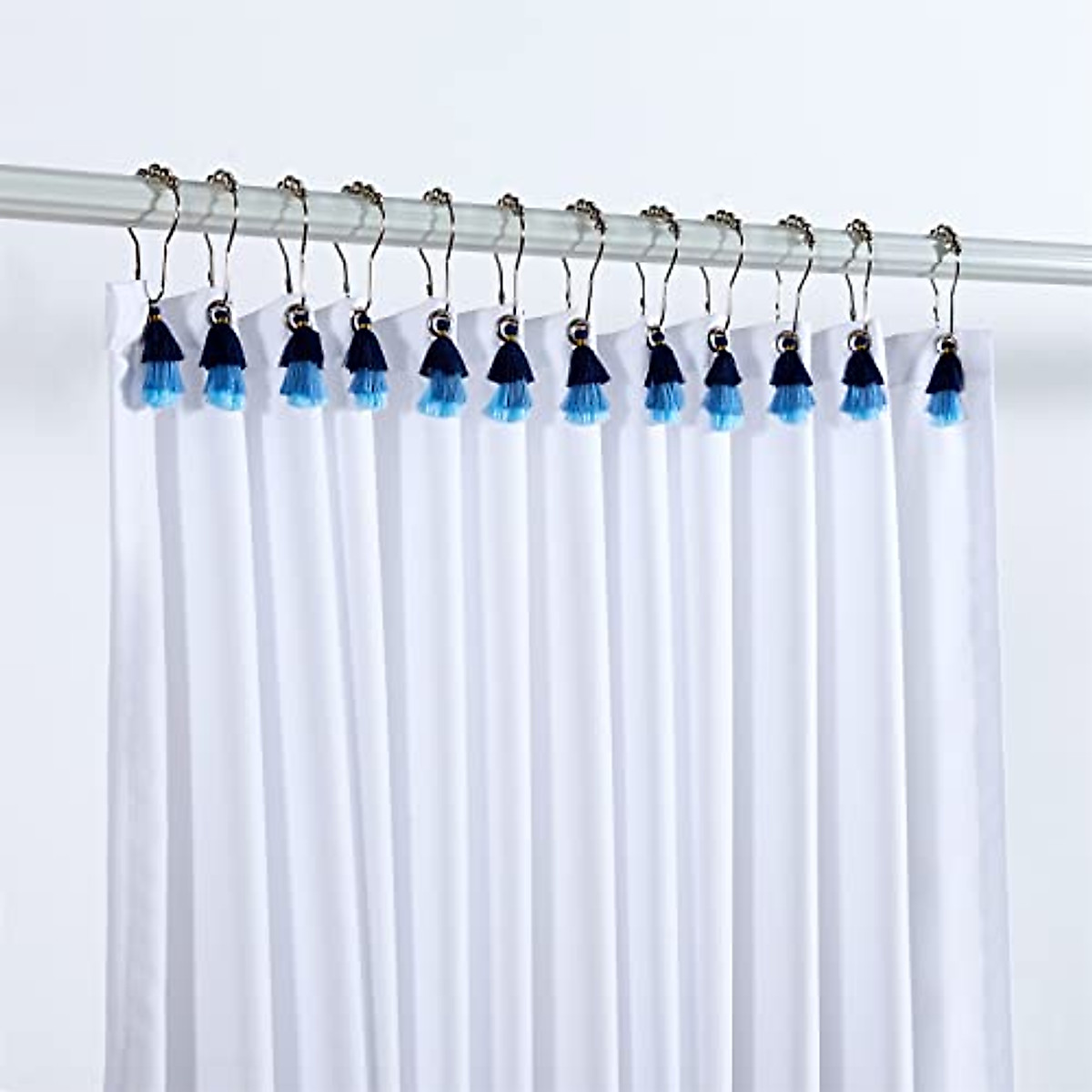 Estmy 12PCS Boho Blue Tassel Shower Curtain Hooks Rings Ombre Bohemian Cute Decorative Shower Rings Hooks for Kids Bathroom Curtain Metal Rust-Proof Bohemian Chic Bathroom Decor Accessories