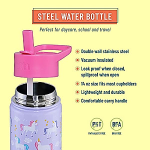 Wildkin Kids Stainless Steel 14 Ounce Water Bottle for Boys & Girls, Perfect for Daycare, School, or Travel, Features Straw Top & Carrying Handle, Easy to Clean Water Bottles for Kids (Unicorn)