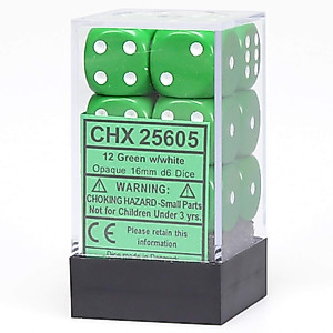 DND Dice Set-Chessex D&D Dice-16mm Opaque Green and White Plastic Polyhedral Dice Set-Dungeons and Dragons Dice Includes 12 Dice – D6 (CHX25605)