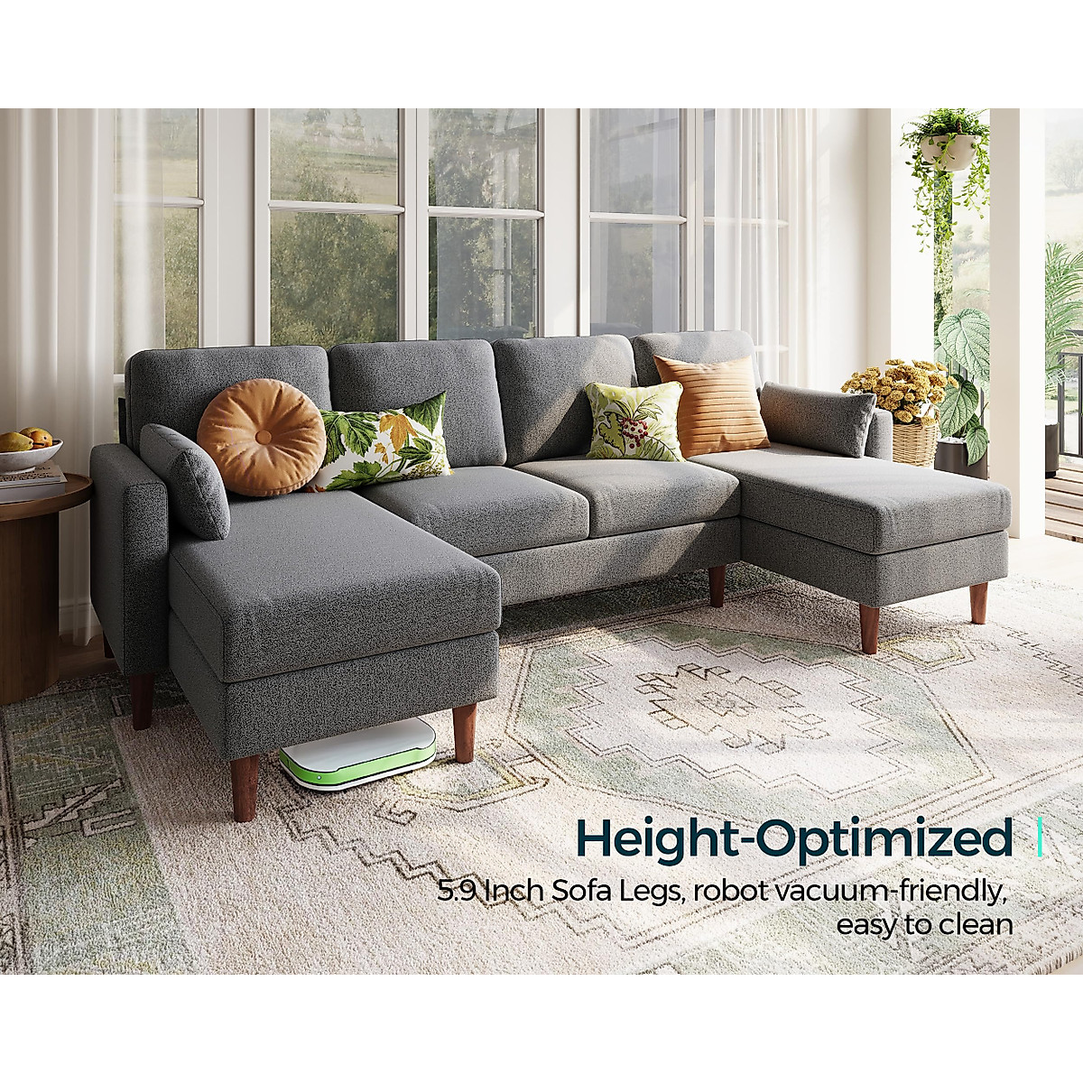 LINSY HOME Convertible Sectional Couch, Bouclé U-Shaped Sofa with Double Chaises and 2 Pillows, 4-Seat Modern Deep Oversized Couch for Living Room, Dark Grey