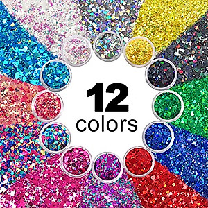 12 Pack - Multi-Colored Face & Body Glitter - Glue Included - Rainbow Chunky Glitter - Uses Include: Festival Rave Makeup Face Body Nails Resin Arts & Crafts, Resin, Tumblers, Bath Bombs