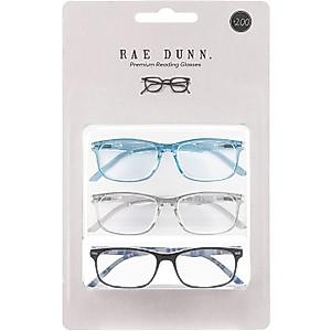 Rae Dunn "LOU Premium Reading Glasses - 3 Pack w/READ Signature Font (Crystal Dusty Blue/Crystal Cool Grey/Cobalt Stripe, +2.0)