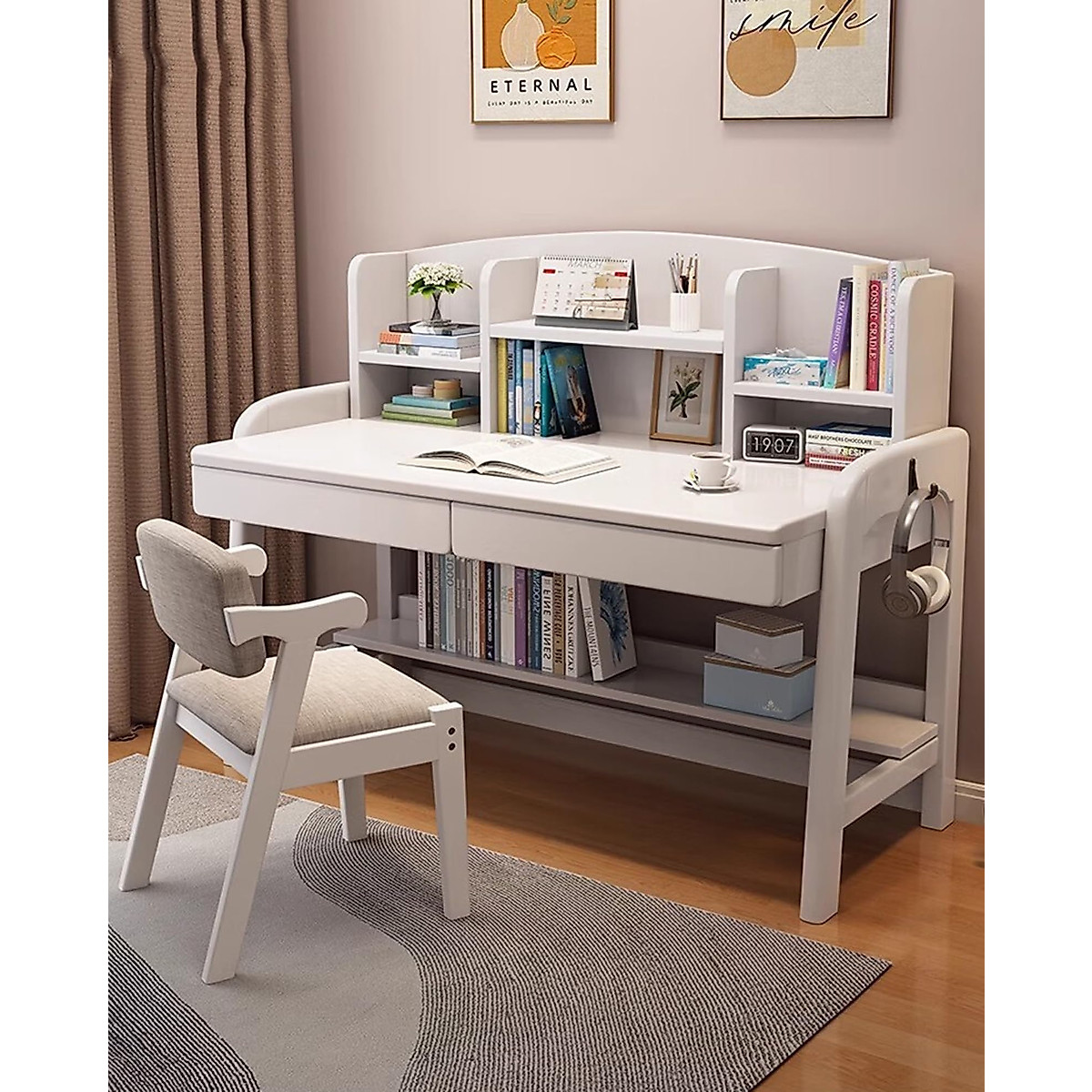 Solid Wood Desk Kids Desks with Drawers and Bookshelf, Height-Adjustable Desk Suit for All Ages, Learning Computer Workstation Writing Desk with Hooks, Study Home Office Desk ( Color : White with chai