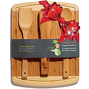 Bamboo Cutting Board Housewarming Gift Set - With Bonus 3-Piece Cooking Utensils - Wooden Spoon, Salad Tongs and Wood Spatula - Mother's Day, Wedding & Kitchen Gadgets Gift Idea