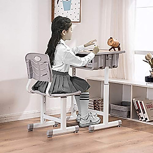 ShowMaven Student Desk and Chair Combo, Height Adjustable Children's Desk and Chair Workstation with Drawer, Pencil Grooves and Hanging Hooks for Home, School and Training (Light Grey&White Oak)