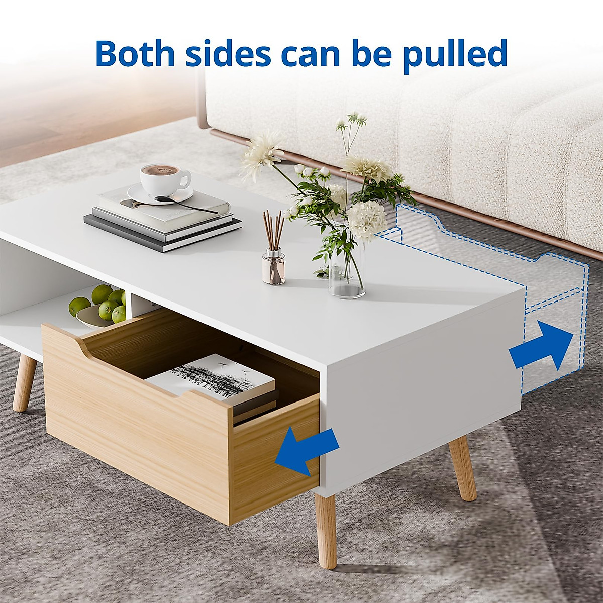 Cozy Castle Modern Coffee Table, Wooden Cocktail Table with Storage, Minimalist Hallway Table, Mid Century Modern Coffee Table for Living Room Apartment Reception, White