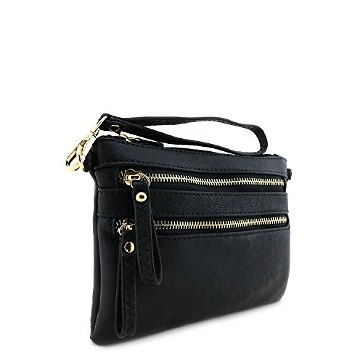 FashionPuzzle Multi Zipper Pocket Small Wristlet Crossbody Bag (Black)