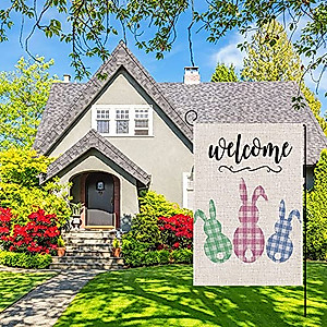 Welcome Easter Garden Flag Double Sided Easter Bunny Vertical Burlap House Flags, Spring Rustic Farmhouse Yard Outdoor Decoration 12.5 x 18 Inch