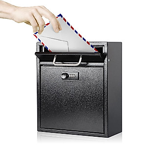 KYODOLED Steel Combination Lock Mail Boxes Outdoor,Locking Wall Mount Mailbox,Security Key Drop Box,12H x 10.51L x 4.68W Inches,Black Large