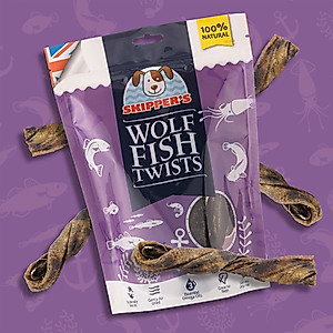SKIPPER'S Wolf Fish Skin Twists Dog Chews - 100% Fish Skin Grain Free Treats for Dogs, High in Protein & Low in Fat, Essential Omega 3 Oils | Great for Teeth (Short, 2.5 Oz)