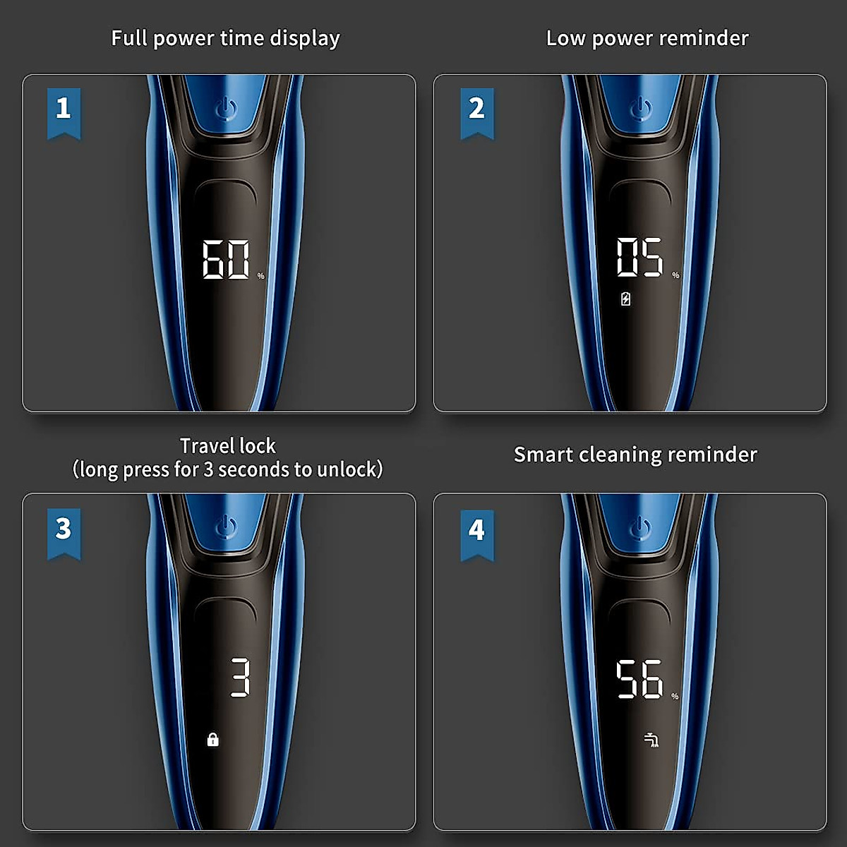 Electric Razor for Men Rotary Shaver Pop-up Beard Trimmer with LCD Display and Rechargeable Cordless Waterproof Blue