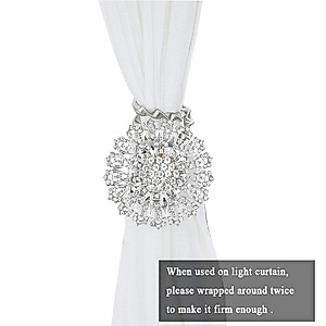 2PCS Magnetic Curtain Tiebacks European Style Sparkling Flower Window Curtain Bind Holdback Buckles Clips Tie Backs Drapery Holders with Stretchable Spring Wire Rope for Decoration,Silvery