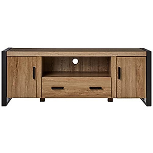 Walker Edison Industrial Modern Wood Universal TV Stand with Cabinet Doors and Open Shelves for TV's up to 64" Flat Screen Living Room Storage Entertainment Center, 60 Inch, Driftwood