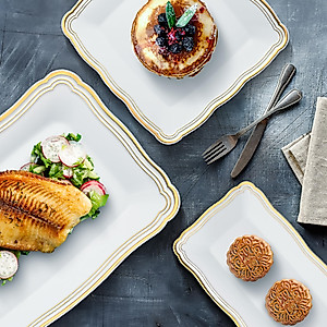 Posh Setting Plastic Serving Tray White Plastic Tray with Gold Rim Border, Disposable Serving Trays Heavyweight Serving platters and Trays 9"x13" Appetizer Tray [6 Pack]