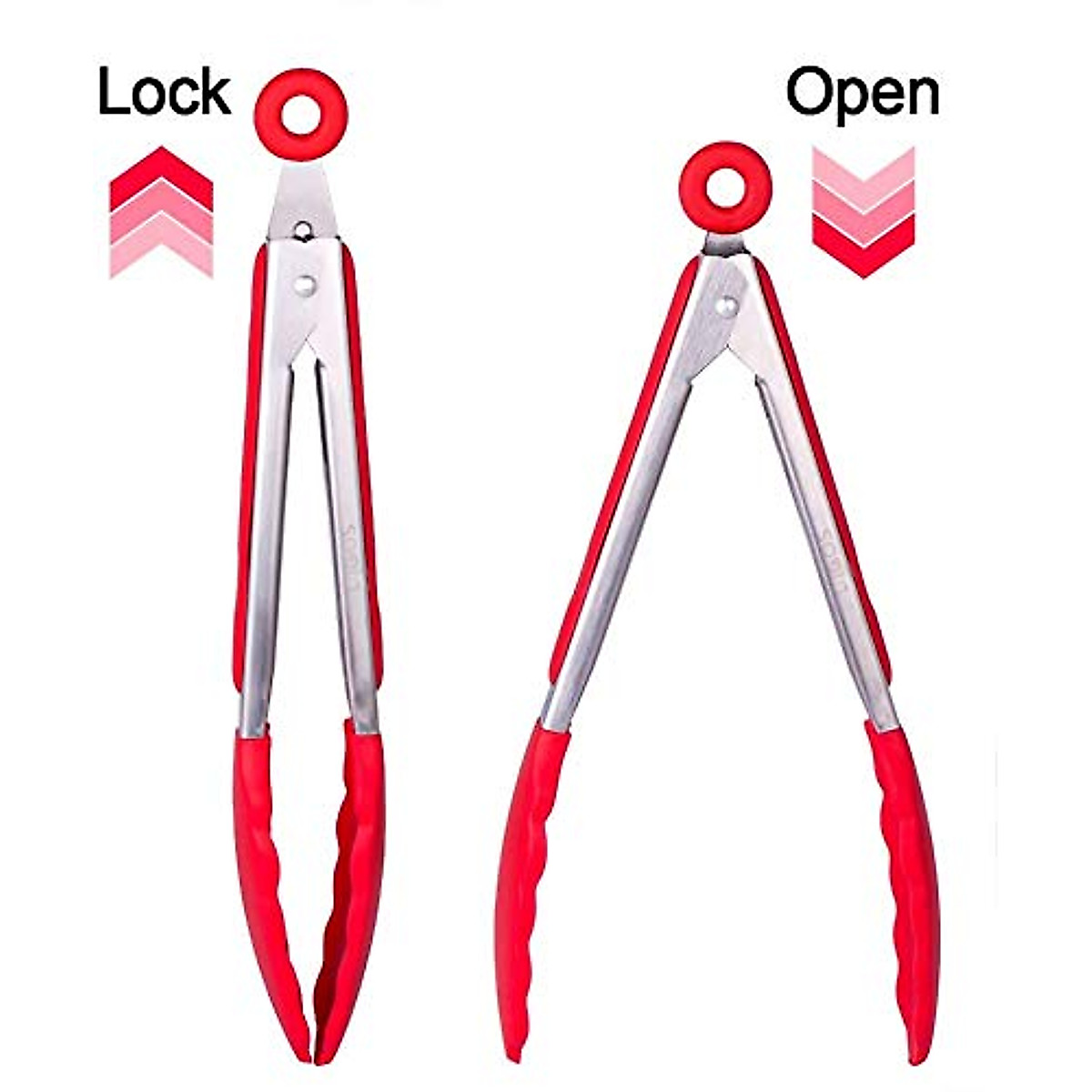 Uigos Kitchen Cooking Food Tongs Stainless Steel With Silicone Heads Locking Clip 2 Piece  (9" & 12")