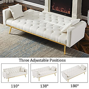 Tmosi Velvet 73'' Convertible Folding Futon Sofa Bed with Removable Armrests for Compact Living Space,Twin Size Loveseat Sofabed with 3 Adjustable Backrests for Bedroom (White)