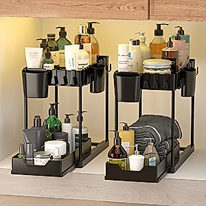 SLAH Pack of 2 Under Sink Organizers and Storage for Bathroom - 2 Tier Undersink Storage with Sliding Drawer and Hanging Hooks - Multi-purpose Organization for Kitchen Sink Organizer Under Cabinet