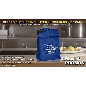 DISCOUNT PROMOS 100 Hook and Loop Insulated Lunch Bags Set - Customizable Text, Logo - Polyester, Durable, Vibrant, Reusable - Blue