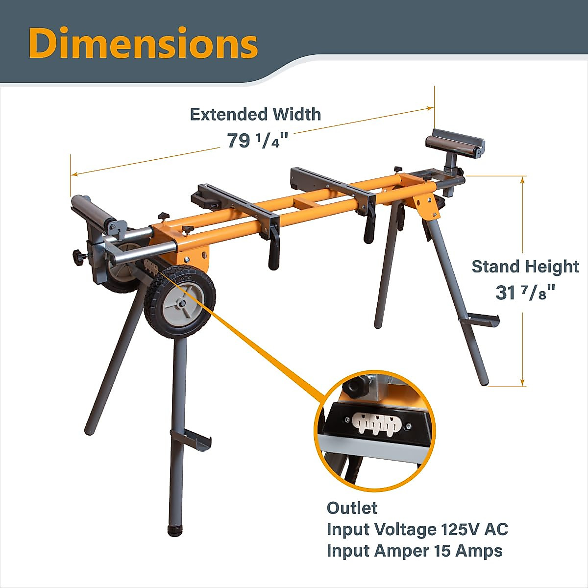 POWERTEC Portable Miter Saw Stand w/ Quick-release Mounting Brackets, 330Lbs Load Capacity, 8" Wheels and 3-Prong Tripple Outlets, Folding Design for Easy Storage in Garage - Orange (MT4000V)