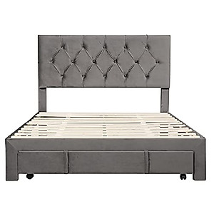 YuiHome Full Size Velvet Upholstered Platform Bed with a Big Storage Drawer and Classic Upholstered Headboard, No Box Spring Needed,Gray