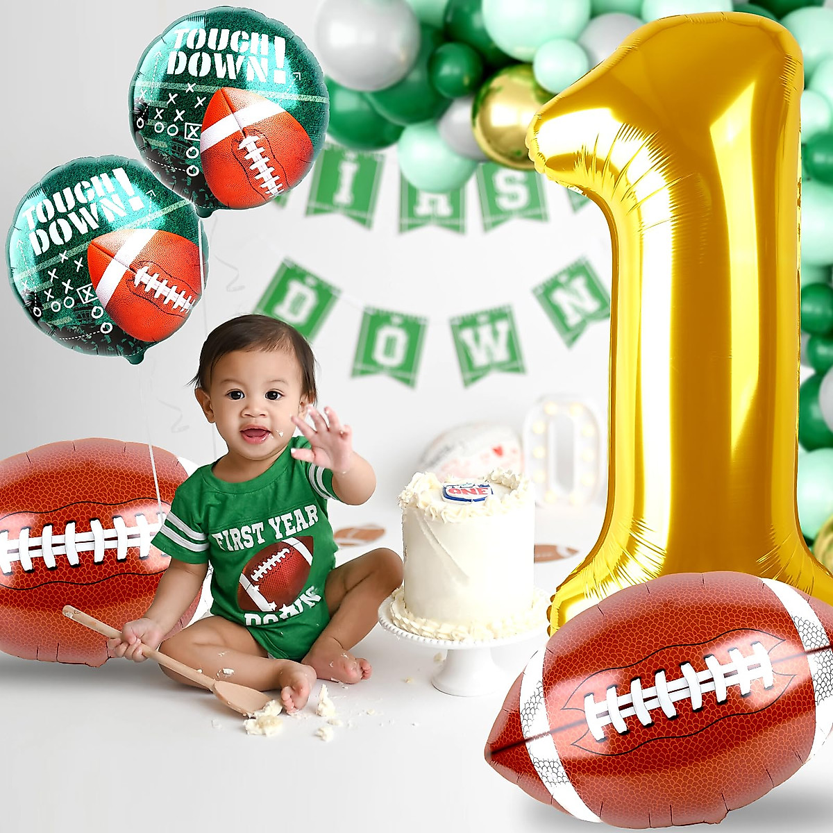 Dripykiaa 5Pcs First Year Down Football Birthday Party Balloon 40” Gold One Balloon Bouquet for First Birthday Football Foil Helium Balloons Birthday Party Decorations Party Supplies Backdrops for Boy