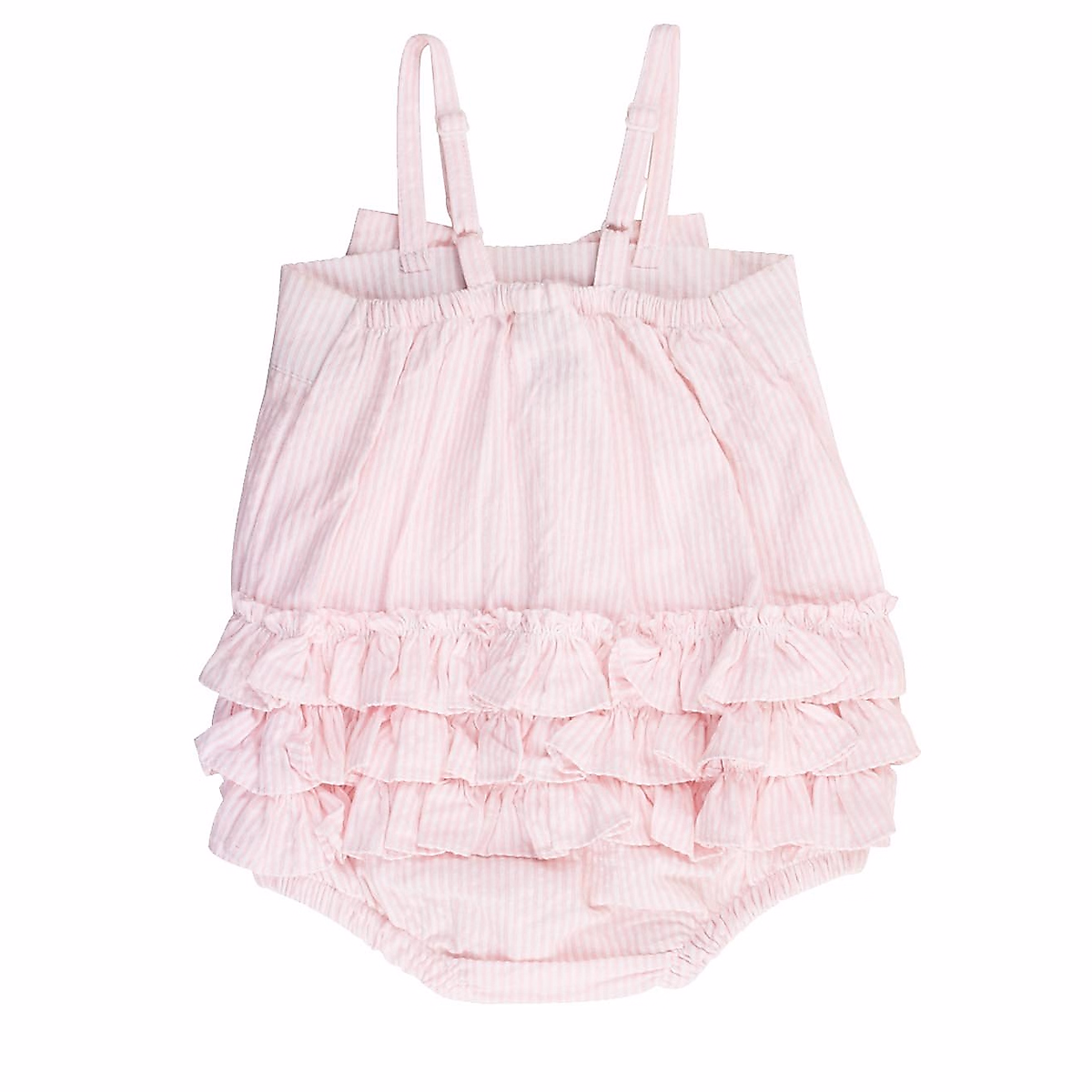 RuffleButts® Baby/Toddler Girls Pink Striped Seersucker Bubble Romper w/Bow - 3-6m