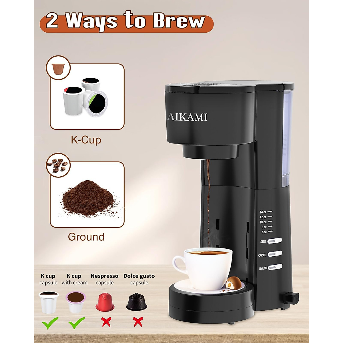 4 IN 1 Single Serve Coffee Maker with Milk Frother and Coffee Grinder, Coffee Maker for K Cup and Ground Coffee, with 30 oz Removable Water Reservoir, 6 to 14 oz. Brew Sizes, Coffee Machine for Home