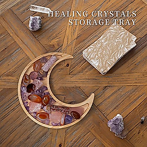 Spacmirrors Crystal Holder Moon Tray with Round Dish Display, Natural Pine Wooden Crystal Jewelry Essential Oil Tray Spiritual Boho Plate Wood Decor Tray for Stone, Nuts, Fruits