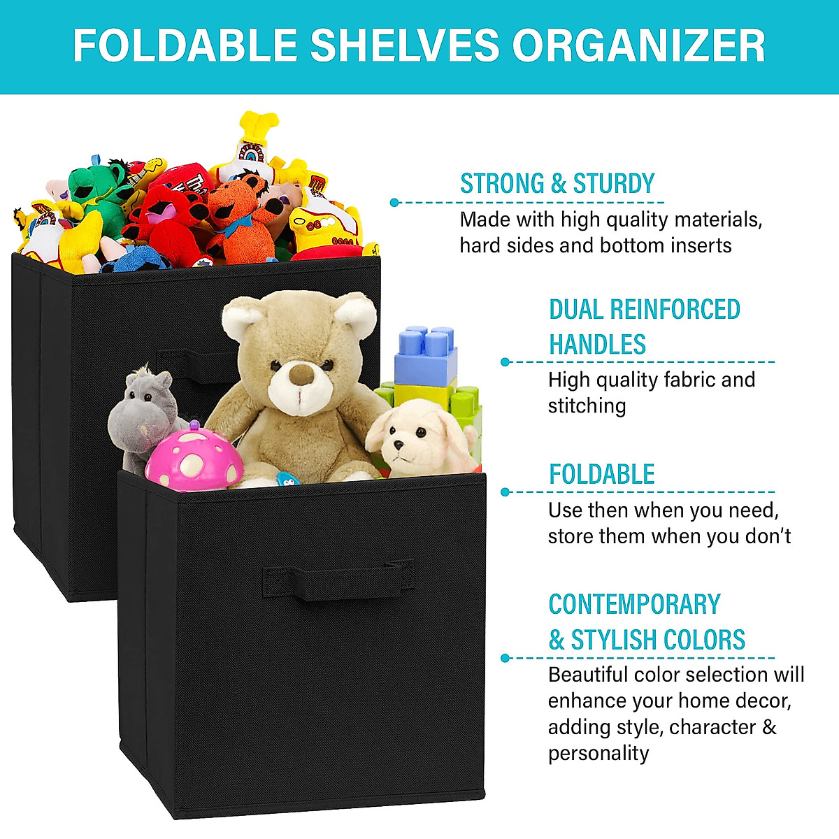 Klozenet Foldable Storage cubes 4-Pack, Fabric Organizer Bins / cube storage basket With Handle For Organizing cubby or Closet Shelves, Storage, Books, Cloth and Toys, (Black)