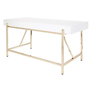 OSP Home Furnishings Broadway Modern Executive Desk with 3 Drawers and Charging Station, White Gloss Finish and Gold Frame