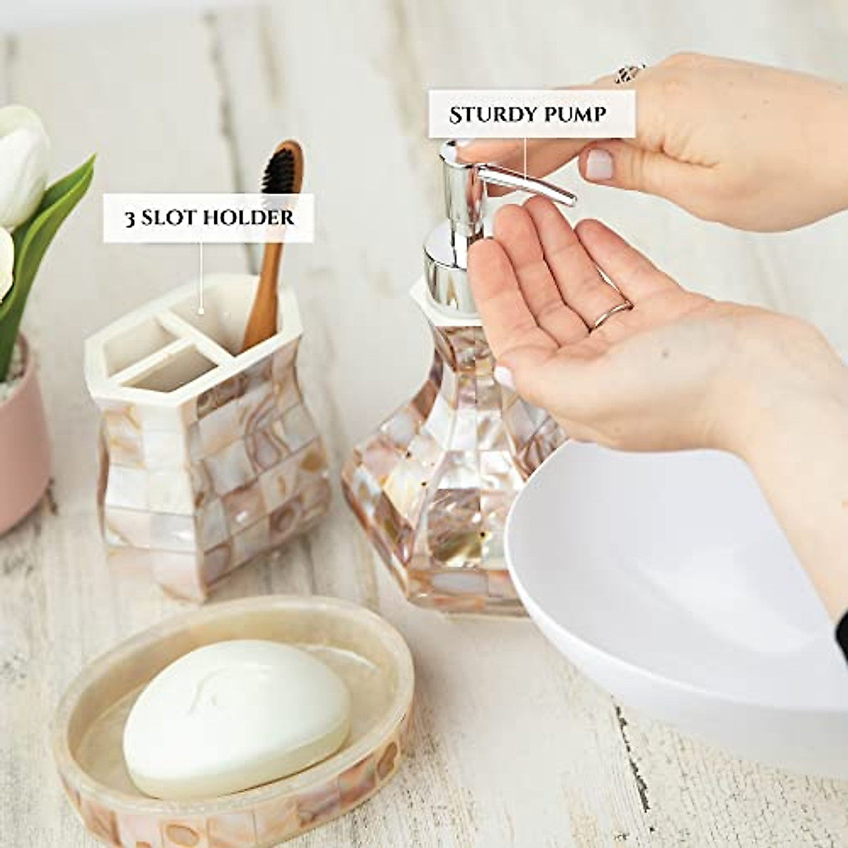 Creative Scents Decorative Bathroom Accessories Set - 4 Piece Bathroom Accessory Set Covered with Natural Mother of Pearl Shells Includes: Soap Dispenser, Toothbrush Holder, Tumbler and Soap Dish