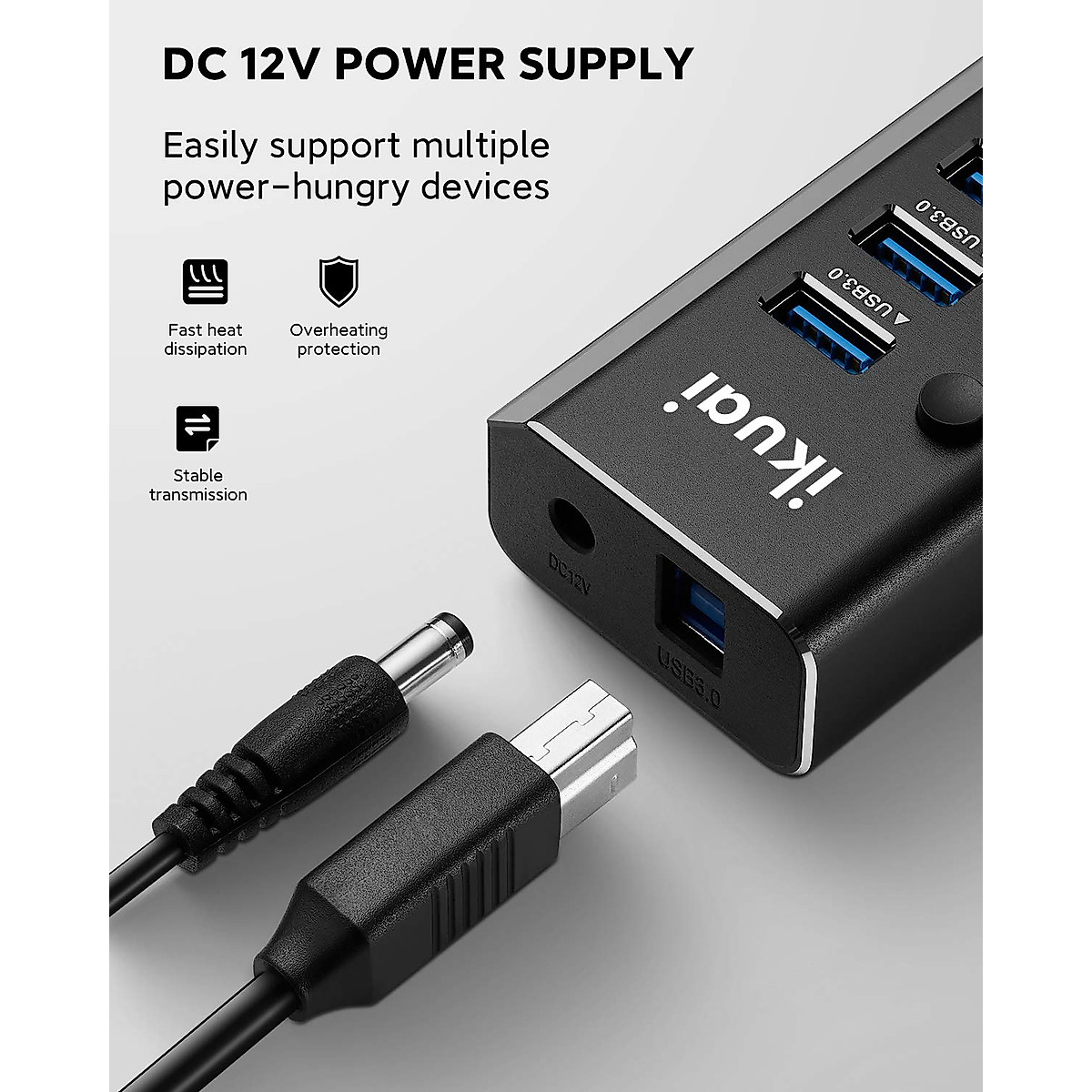 ikuai 5 Ports USB Hub with 4 USB Data Ports & 1 Fast Charging Port(12V/2A Power Adapter)+10 Ports USB 3.0 Hub with 12V 3A Power Adapter