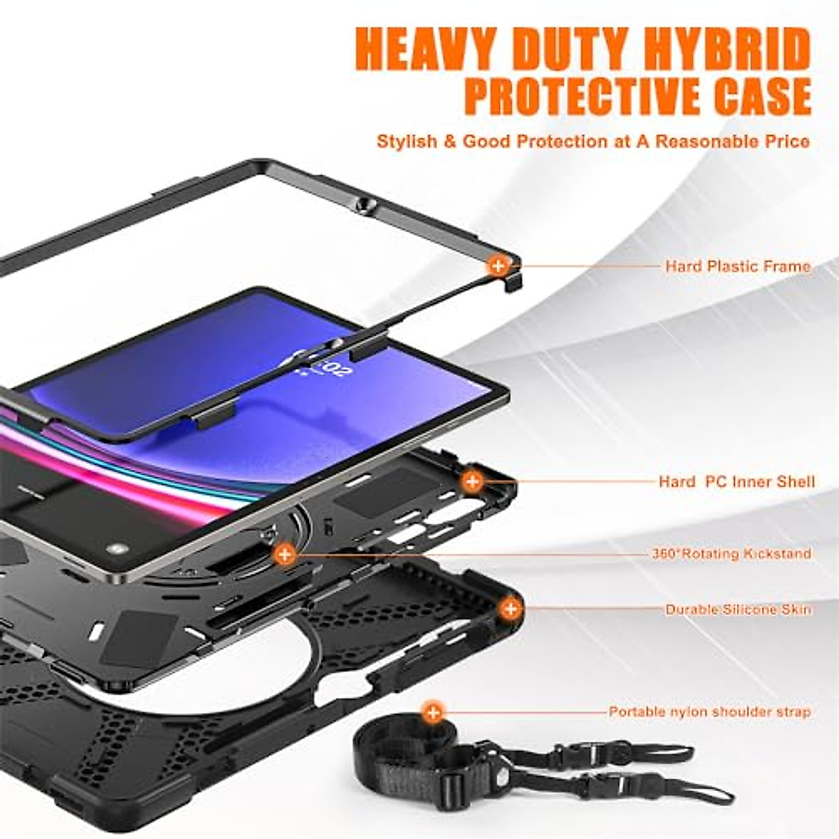 for Samsung Galaxy Tab S7 FE SM-T730 T733 T736 Case 12.4 inch Tablet Case 3 in 1 Hard Plastic Frame + Double Silicone [Hand Strap & Shoulder Strapp] - H