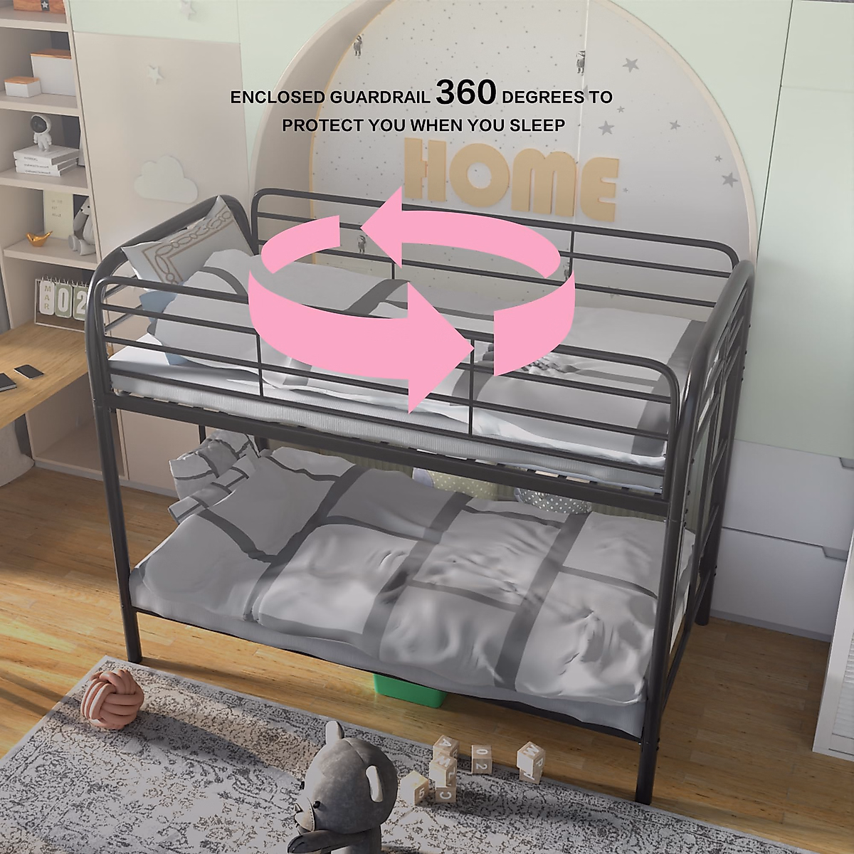 Aobabo Metal Bunk Bed Twin Over Twin Size, Heavy Duty Bed with Safety Guard Rails and Space-Saving Design, Steel Bed for School, Bedroom, Assembly Required, Black