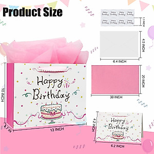 Oletx 13" Large Happy Birthday Pink Paper Bags,Pink Gift Party Favor Bags with Tissue Paper Birthday Card for Girls Women' Party,Baby Shower