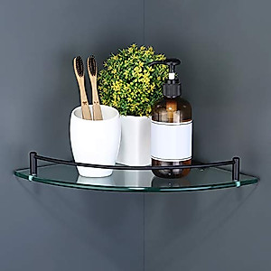 KES Glass Corner Shelf Bathroom Shelf Tempered Glass with Rail SUS 304 Stainless Steel Floating Wall Mount Bracket Matte Black, BGS2101A-BK