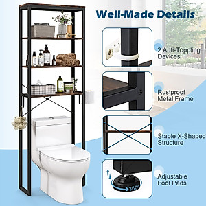 Tangkula Over The Toilet Storage Rack, 70 Inch Tall Bathroom Space Saver w/Metal Frame, Anti-Tipping Devices & Adjustable Feet Pads, Freestanding Bathroom Organizer Above Toilet, Rustic Brown