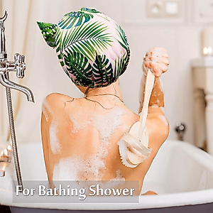 4 Pieces Shower Caps for Women, Waterproof Reusable Shower Hair Caps Elastic Hem Turban Shower Bath Caps Bowknot Satin Bath Hair Caps for Long Short Curly Hair(Dot, Black, Teal, Palm Leaves)