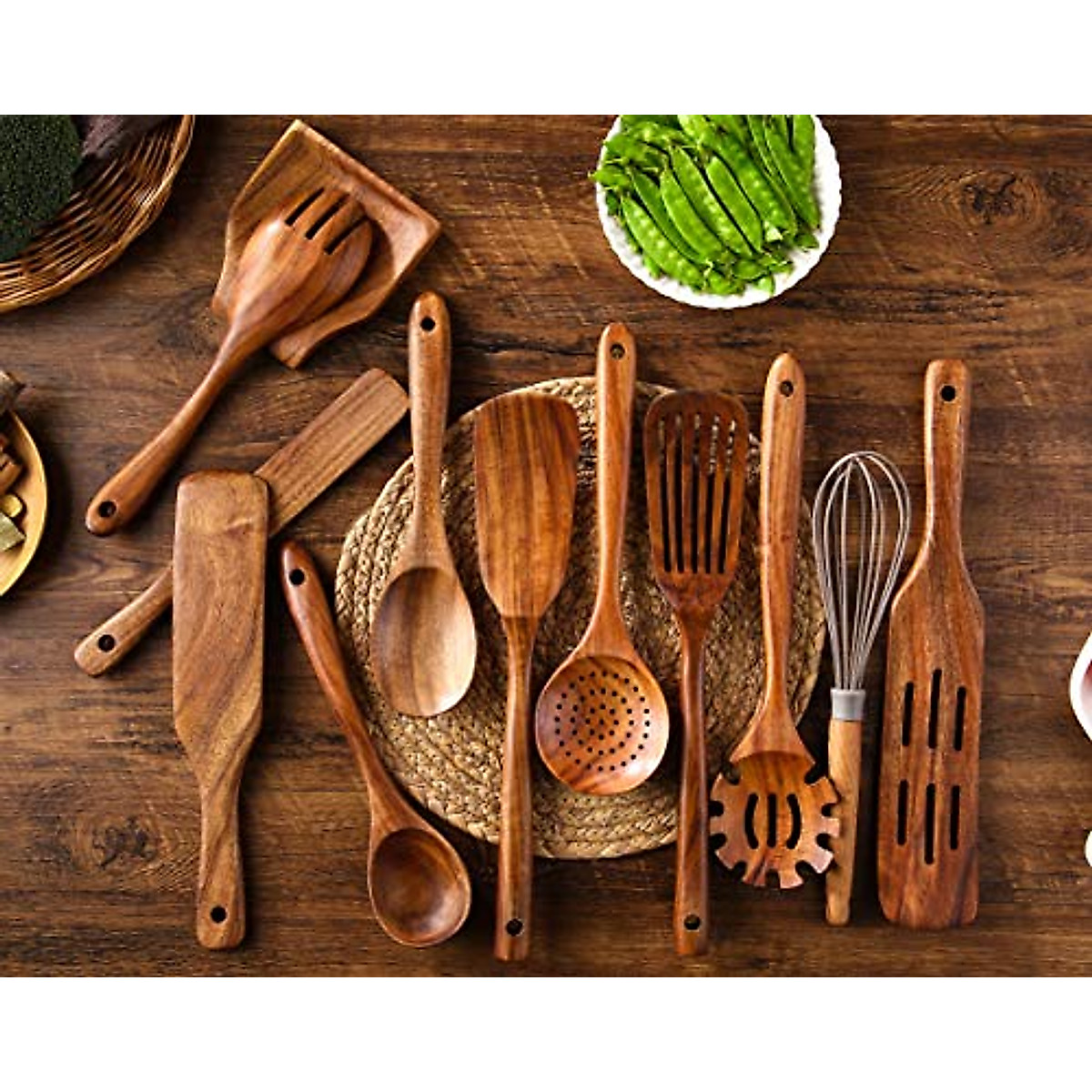 Kitchen Utensils Set, NAYAHOSE 11 Pcs Teak Wood Cooking Utensils Spoons Spatulas Spurtles Kit Non-stick Natural Kitchen Tools for Cooking