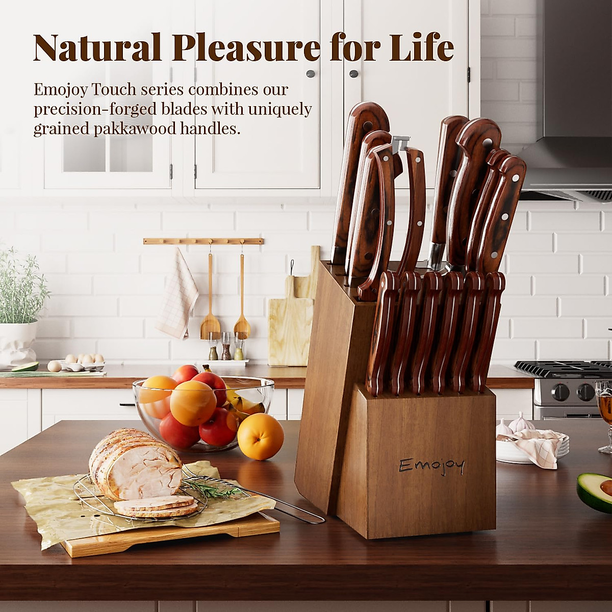 Knife Set, 15-pcs Emojoy Kitchen Knife Set with Block, Premium Kitchen Knives with Heavy Poultry Shears, Sharpener and 6pcs Serrated Steak Knives