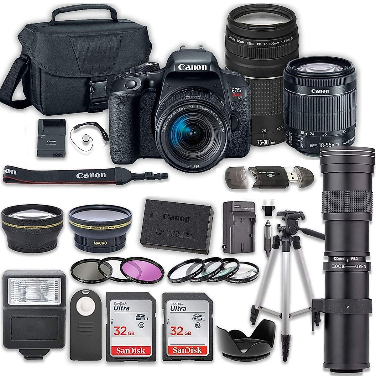 Canon EOS Rebel T7i DSLR Camera Bundle with Canon EF-S 18-55mm f/4-5.6 is STM Lens + 2pc SanDisk 32GB Memory Cards + Accessory Kit(w/ 3 Lens - 18-55 + 75-300 + 420-800)