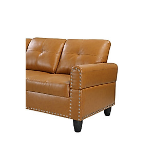 MMTGO L-Shape Faux Leather Modular Sectional Sofa with Storage Ottoman and Cup Holders, 4-Seater Tufting Upholstered Corner Couch for Living Room, Home Furniture, Apartment, Ginger