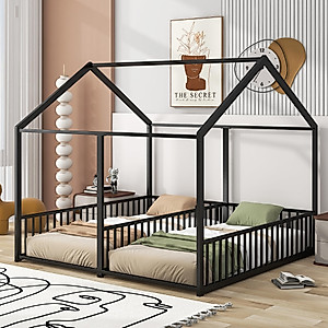 Twin Floor Beds for 2 Kids, Two Twin Size Metal House Bed Frame with Rails, Double Shared Beds Montessori Bed for Boys Girls Teens, Black